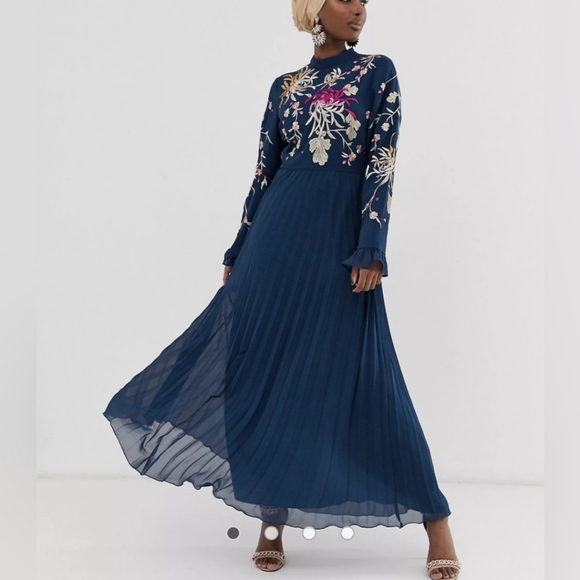 ASOS | Dresses | Asos Embroidered Floral Pleated Maxi Dress Fluted ...